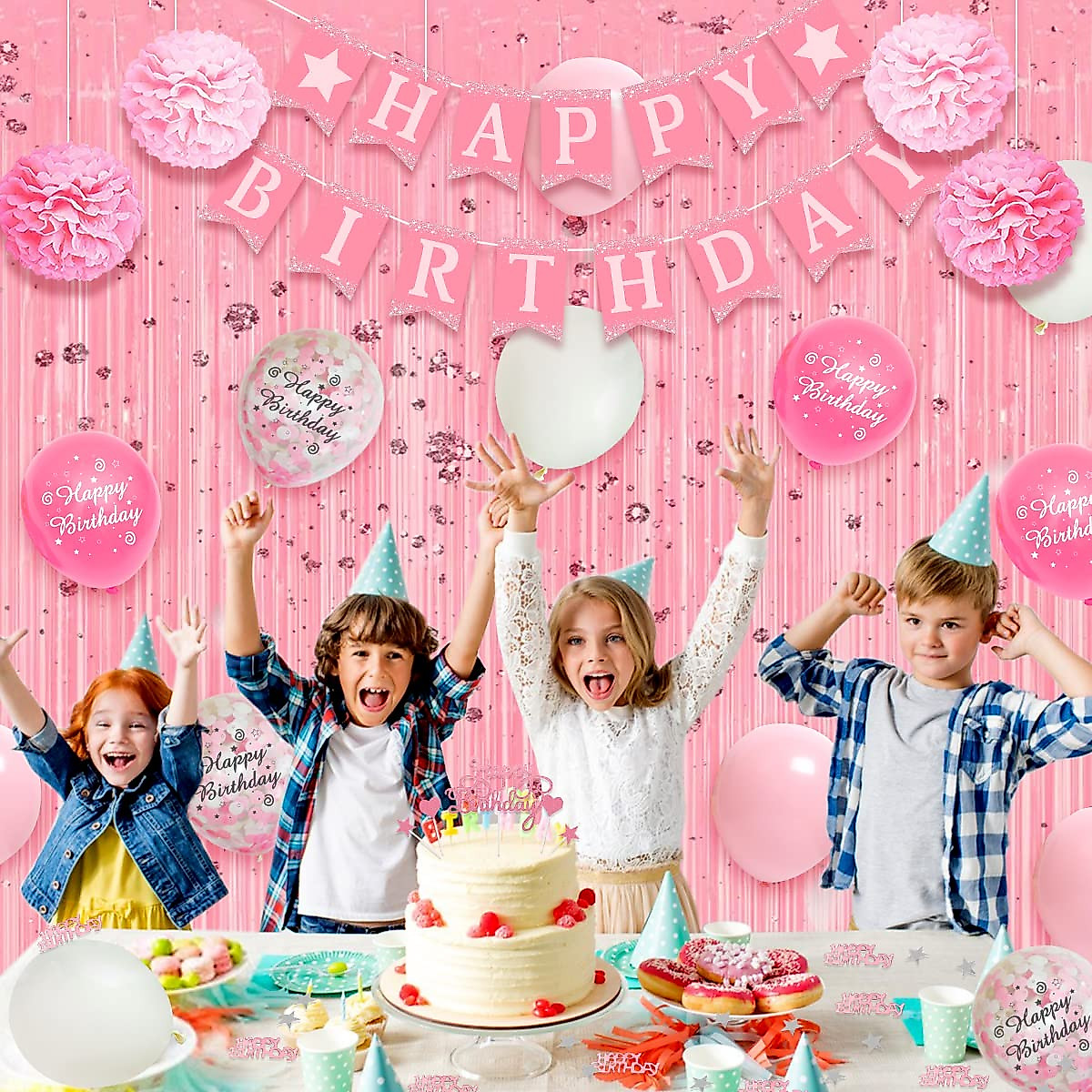 Pink Birthday Decorations, Birthday Decorations for Girls, Pink and White Balloons Happy Birthday Banner Tablecloth Paper Pom Poms Foil Fringe Curtain for Kids Women Birthday Pink Party Supplies