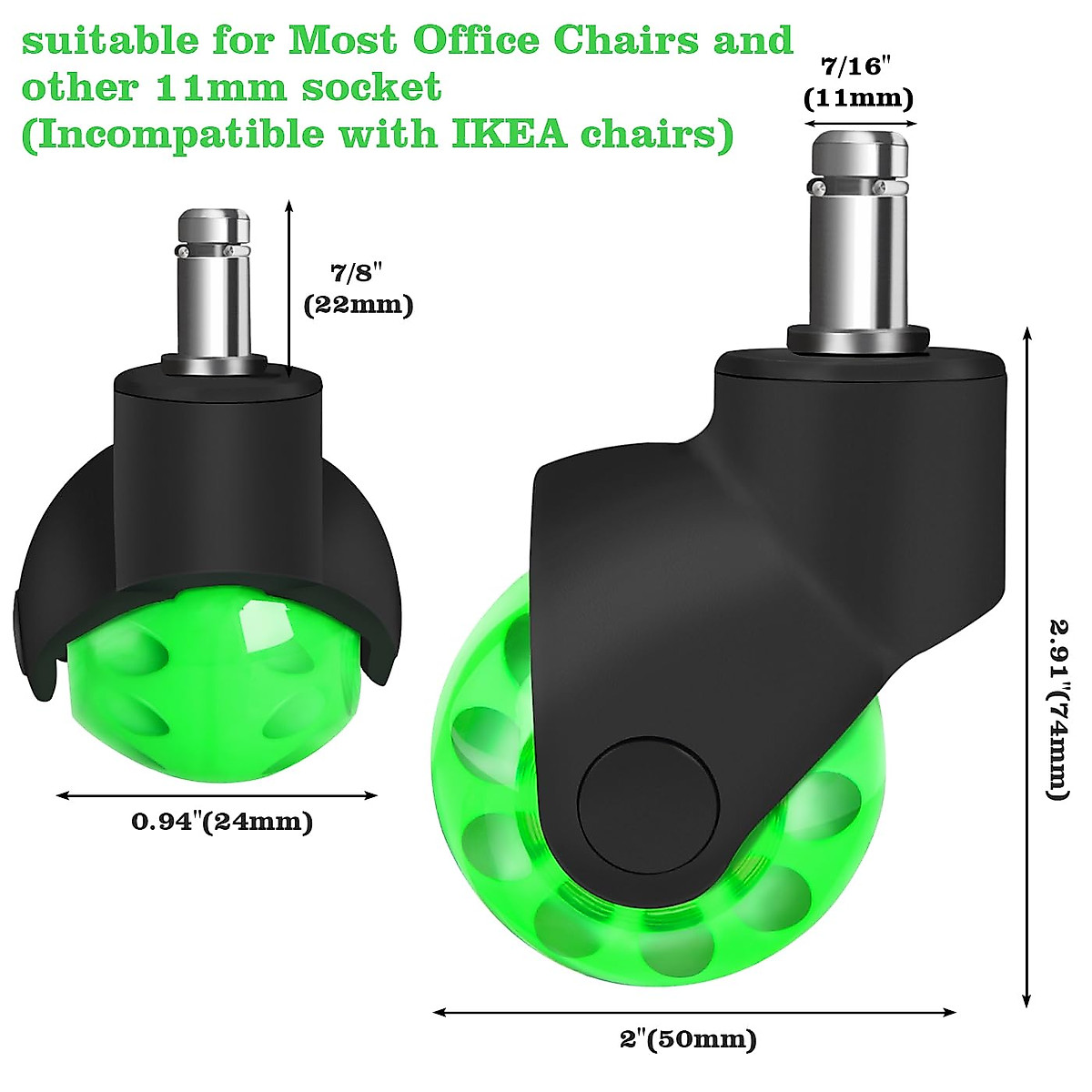 2" Ball Caster Wheels, Hirate 360 Degree Rotation Universal Ball Casters with Nylon Cover for Office Furniture Chairs Replacement Casters Smooth Rolling 7/16" x 7/8", Set of 5, Green