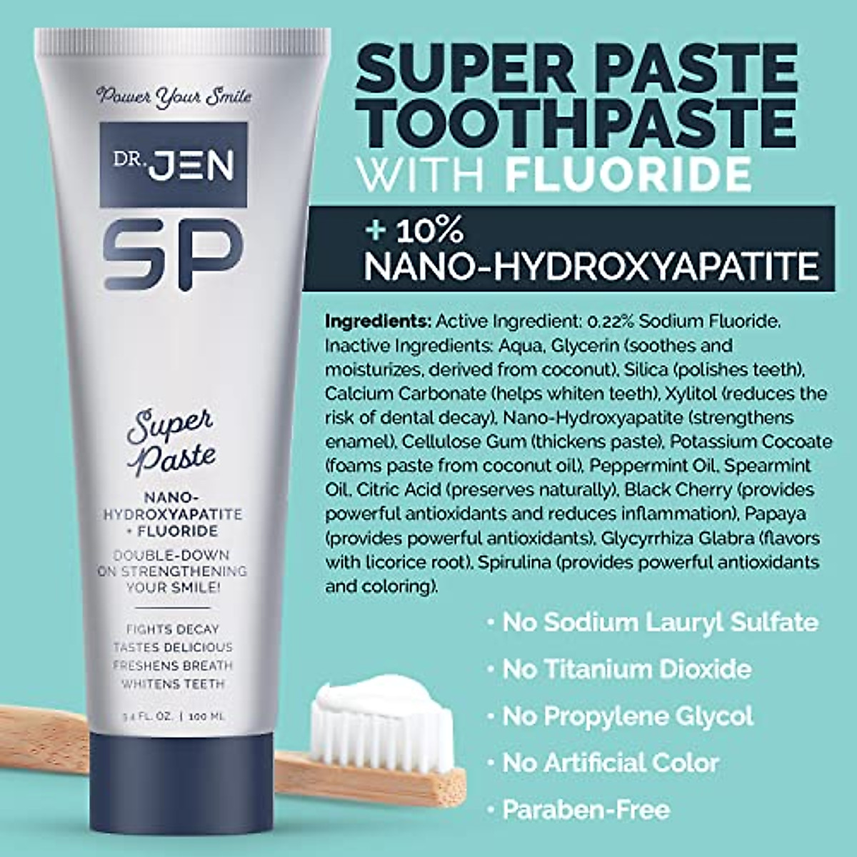 Dr Jen Super Paste Natural Remineralizing Toothpaste with 10% Nano Hydroxyapatite + Fluoride, Dentist Recommended, for Sensitive Teeth, Freshens Breath, Strengthen Enamel (3.4 oz)