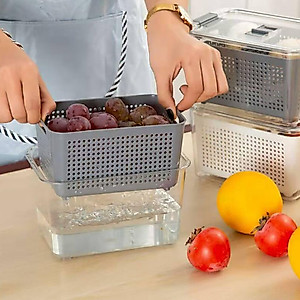Cabilock Vegetable Fruit Storage Containers, Fresh Draining Basket, Box Refrigerator Crisper Fruit Fresh Containers Dual-Layer Food Storage Bin with Breathable Valve for Fridge, Dark Grey