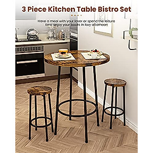 Recaceik 3 Piece Pub Dining Set, Modern Round bar Table and Stools for 2 Kitchen Counter Height Wood Top Bistro Easy Assemble for Breakfast Nook Living Room Small Space Restaurant, Rustic Brown 23