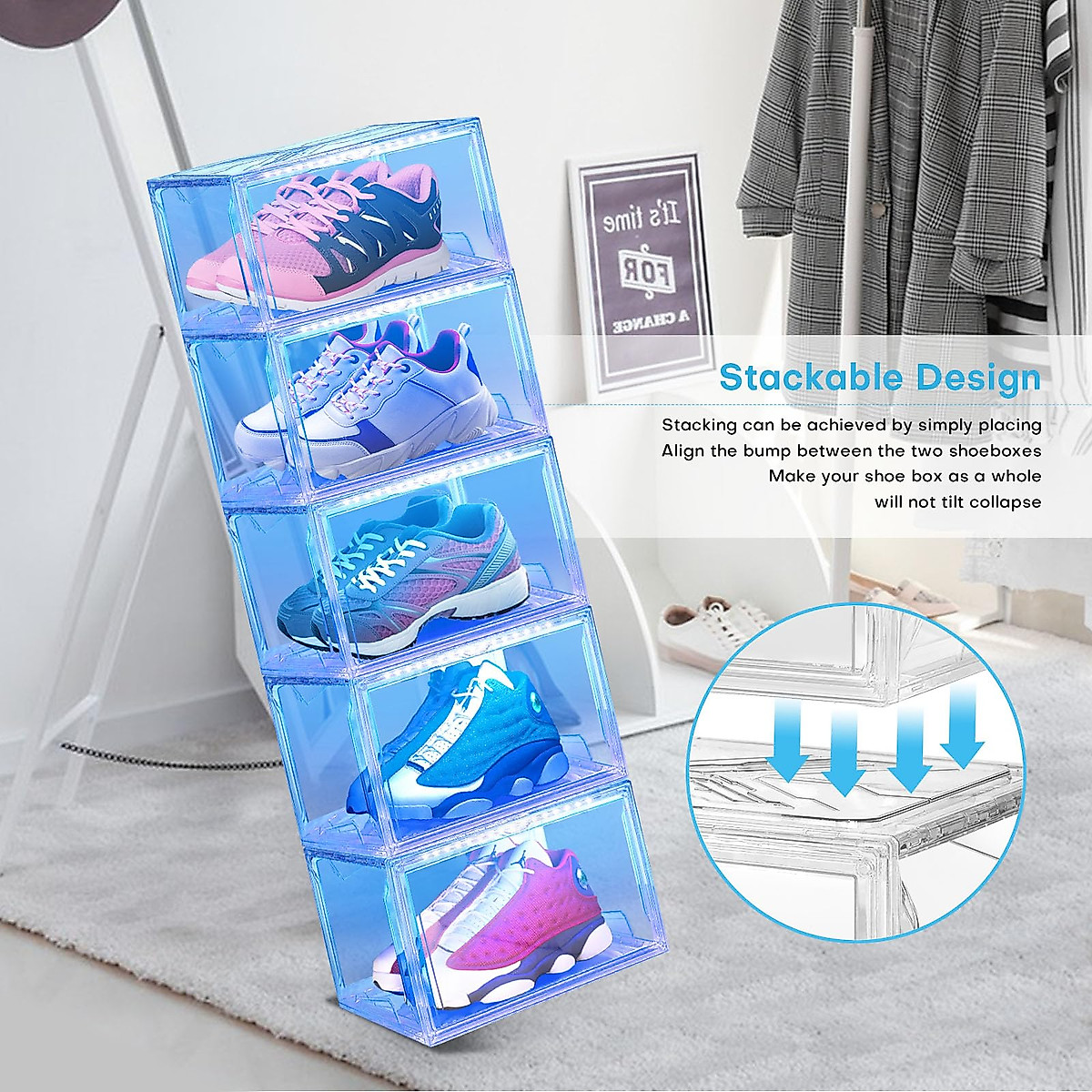 Oltraman Shoe Storage Organizer for Closet, Foldable Shoe Boxes Rack 2 pack, Clear Plastic Stackable Containers Bins Holder, Magnetic Sneaker Shelf for Sneakerheads with LED Lights Clear