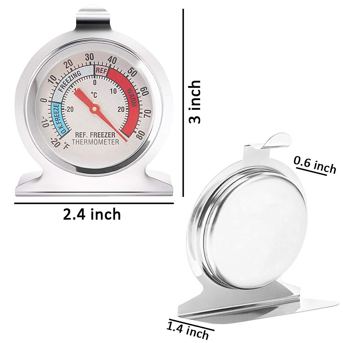Anvin Refrigerator Thermometers Large Dial Freezer Thermometer with Dual-Scale -30~30°C/-20~80°F for Freezer Refrigerator Cooler, Hooks or Stands Alone Thermometers Durable Steel (Pack of 2)