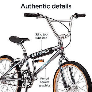 ﻿Schwinn Sting Pro Retro BMX for Youth/Adult, Throwback 1989 Design, Single-Speed Drivetrain, Hi-Ten Steel Frame, Aluminum Rims, Tubular Crankset, 20-Inch Wheels, Grey