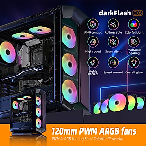darkFlash 120mm RGB Case Fan, CX6 Addressable ARGB Fan with RGB PWM Fan Hub, High Airflow 5V Motherboard Sync, Ultra Quiet, PWM Static Pressure Fan, High Performance Computer Case Fans, 5 Pack