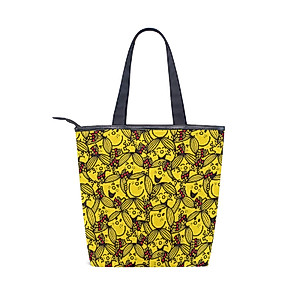 ALAZA Mr Men Little Miss Canvas Tote Bag for Women with Zipper Travel Work Cartoon Shopping Grocery Top Handle Purses Large Totes Reusable Handbags Cotton Shoulder Bags