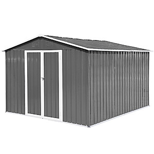 GLANZEND 10x8 FT Outdoor Metal Garden Shed, Galvanized Steel Large Storage Sheds with Lockable Doors, Weatherproof Tool House with Pitched Roof & Punched Vents for Backyard Lawn, Gray + White