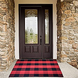 Wininplus Buffalo Plaid Check Rug 27.5 X 43 in Hand-Woven Indoor Or Outdoor Washable Checkered Rugs for Layered Door Mats for Front Porch/Entryway/Farmhouse, Red and Black Plaid Doormat