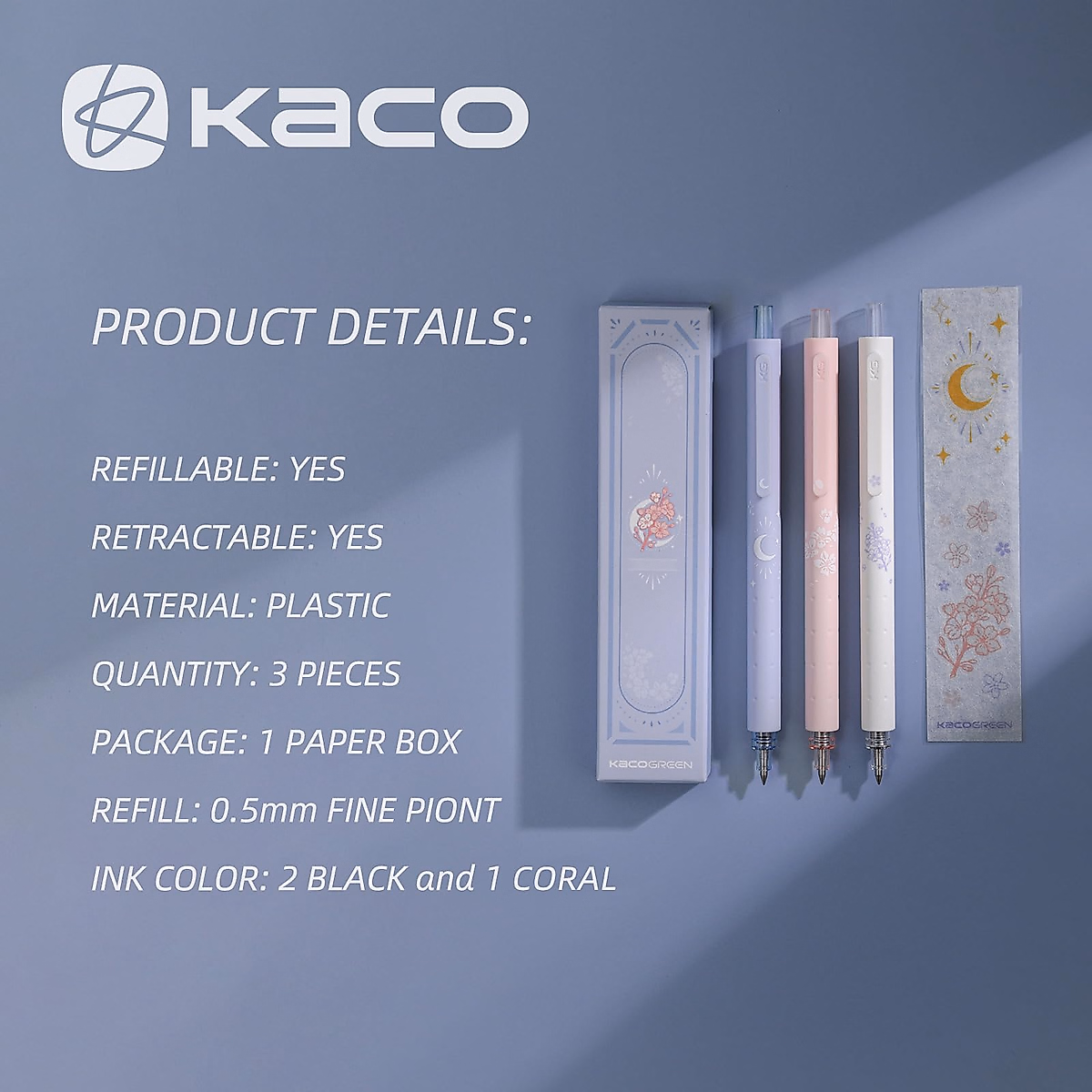Kaco Gel Pens Cute Stationery 3 Pieces 0.5mm Fine Point, Quick Drying Pens for Journaling Aesthetic Office Supplies, 2 Black Ink and 1 Coral Ink