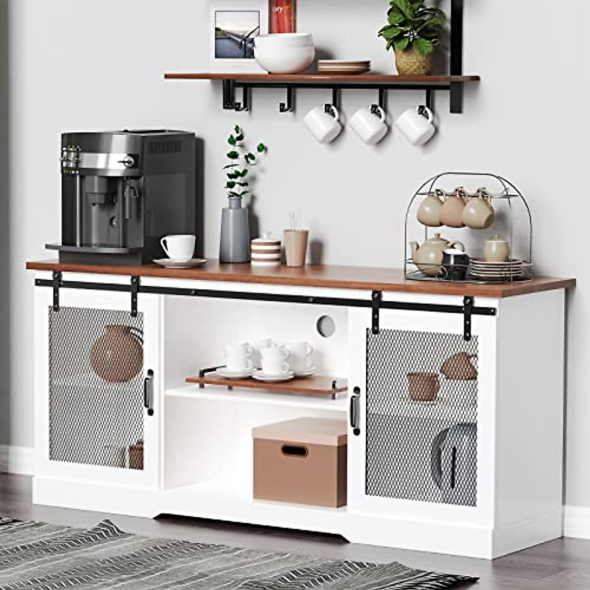 Xilingol Farmhouse TV Stand for TVs 65"+, Modern Entertainment Center 58" W, Television Cabinets with Double Sliding Barn Door & Storage Shelves, Media Console for Living Room, White