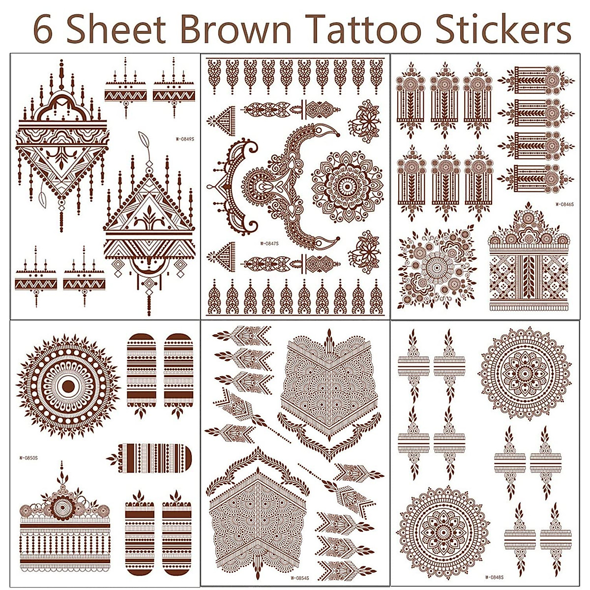 6 Sheets Henna Tattoos Brown Henna Temporary Tattoo Stickers Sexy Lace Waterproof Removable Fake Tattoos Luxury Mandala Flower Design Body Decals for Women Birthday DIY Body Face Party Supplies Favors