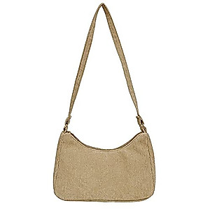 Women Corduroy Shoulder Bag Small Handbag Purse Casual Ladies Satchel Fashion Daily Tote Bag (Khaki)