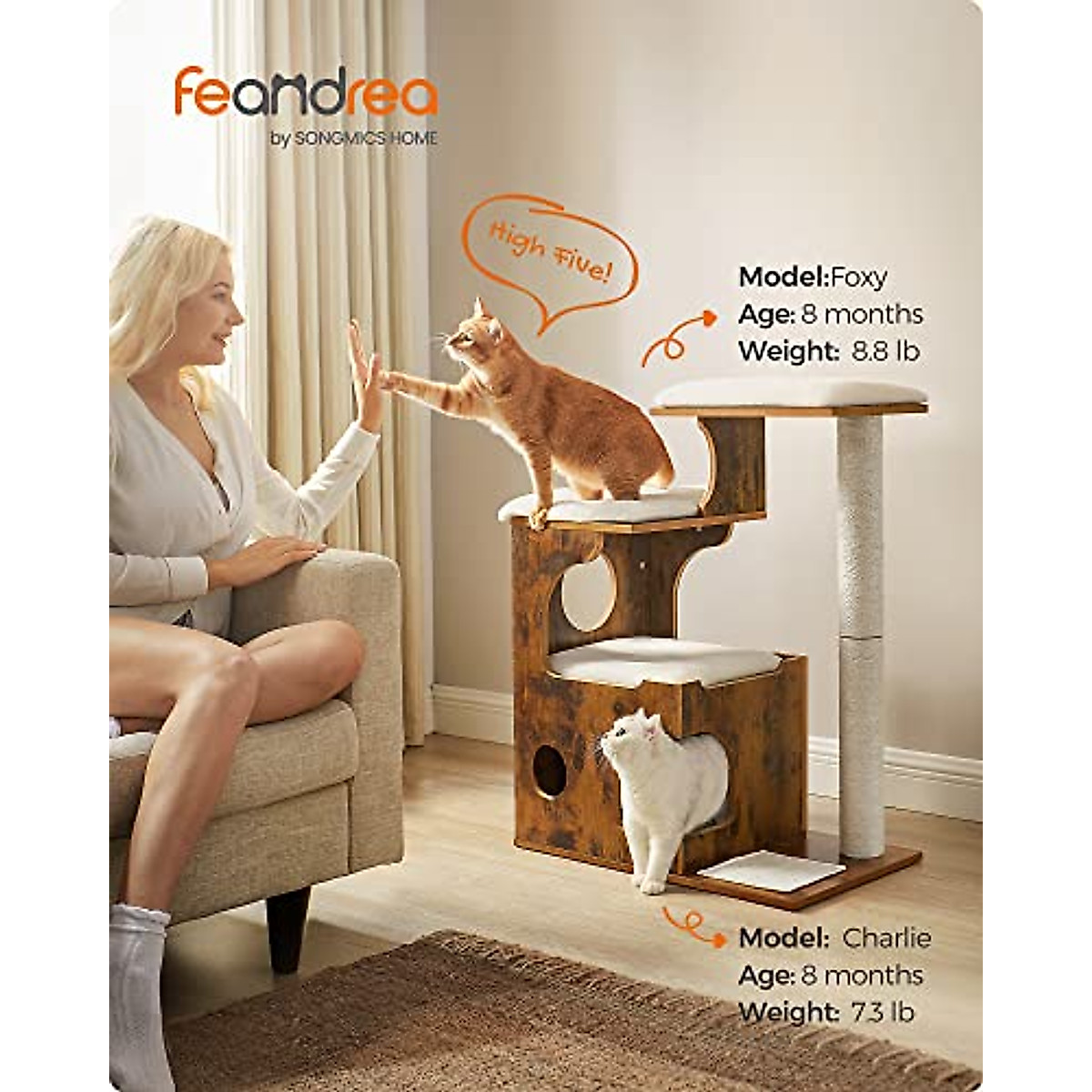 FEANDREA 33.9-Inch Cat Tower, Medium Cat Tree with 3 Beds and Cave, Cat Condo Made of MDF with Wood Veneer, Sisal Post and Washable Faux Fur, Vintage, Rustic Brown and White UPCT70HW