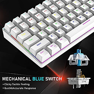 Mechanical Gaming Keyboard and Mouse Combo with 20 Rainbow Backlight 84 Key Anti-ghosting Ergonomic Waterproof Type-C Wired 2400 DPI Honeycomb Mice for PC Mac Gamer Computer Typist(White/Blue Switch)