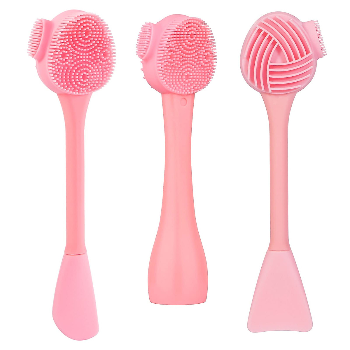 Silicone Facial Cleansing Brush 3 Designs, Beomeen 4 in 1 Handheld Face Scrubber for Deep Gentle Exfoliating, Double-Ended Face Wash Scrub Brush for Face Skincare and Massage (Pink)