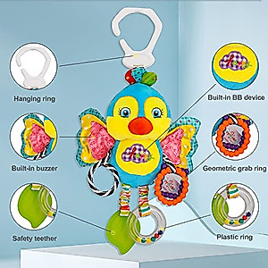 Blueana Car Seat Toy, Baby Plush Stuffed Rattle Development Toys with Musical Box, Squeaky Feet, Kids Mirror, BPA Free Teether - Stroller, Crib (Bird)