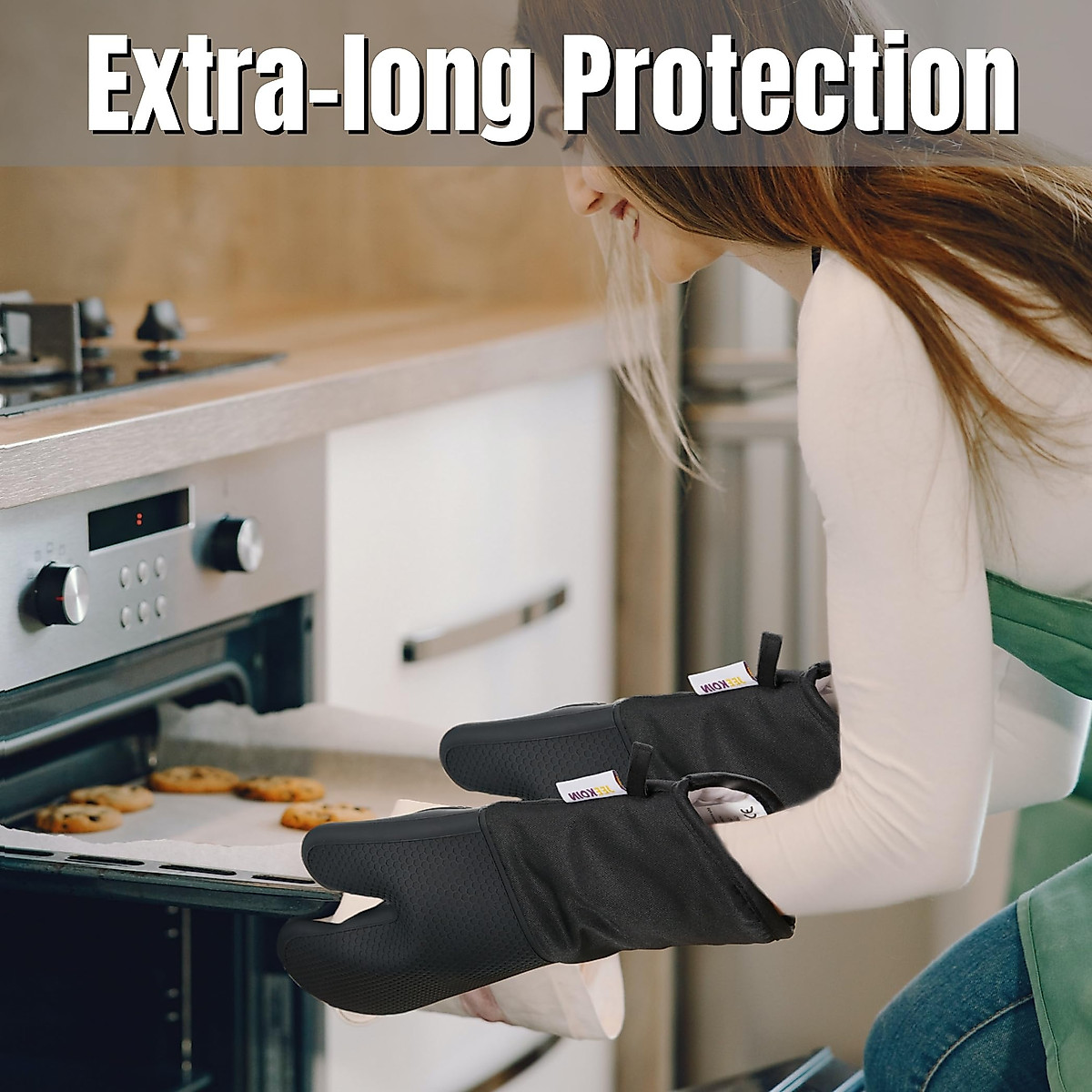 JEEKOIN Professional Oven Mitts Flexible and Durable, Honeycomb Silicone Oven Mitt Heat Resistant 581, Extra Long Cooking Protection BBQ Gloves, Non-Slip Pot Holders, BPA-Free, 14 Inch 1 Pair, Black