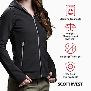 SCOTTeVEST Glow Hoodie for Women - 18 Hidden Pockets - Lightweight Zip Up Sweatshirt for Travel & More (Midnight, M1)