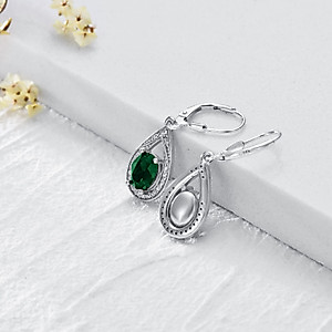 Emerald Green Leverback Earrings Sterling Silver Teardrop Earrings with Simulated May Birthstone Oval Crystal from Austria
