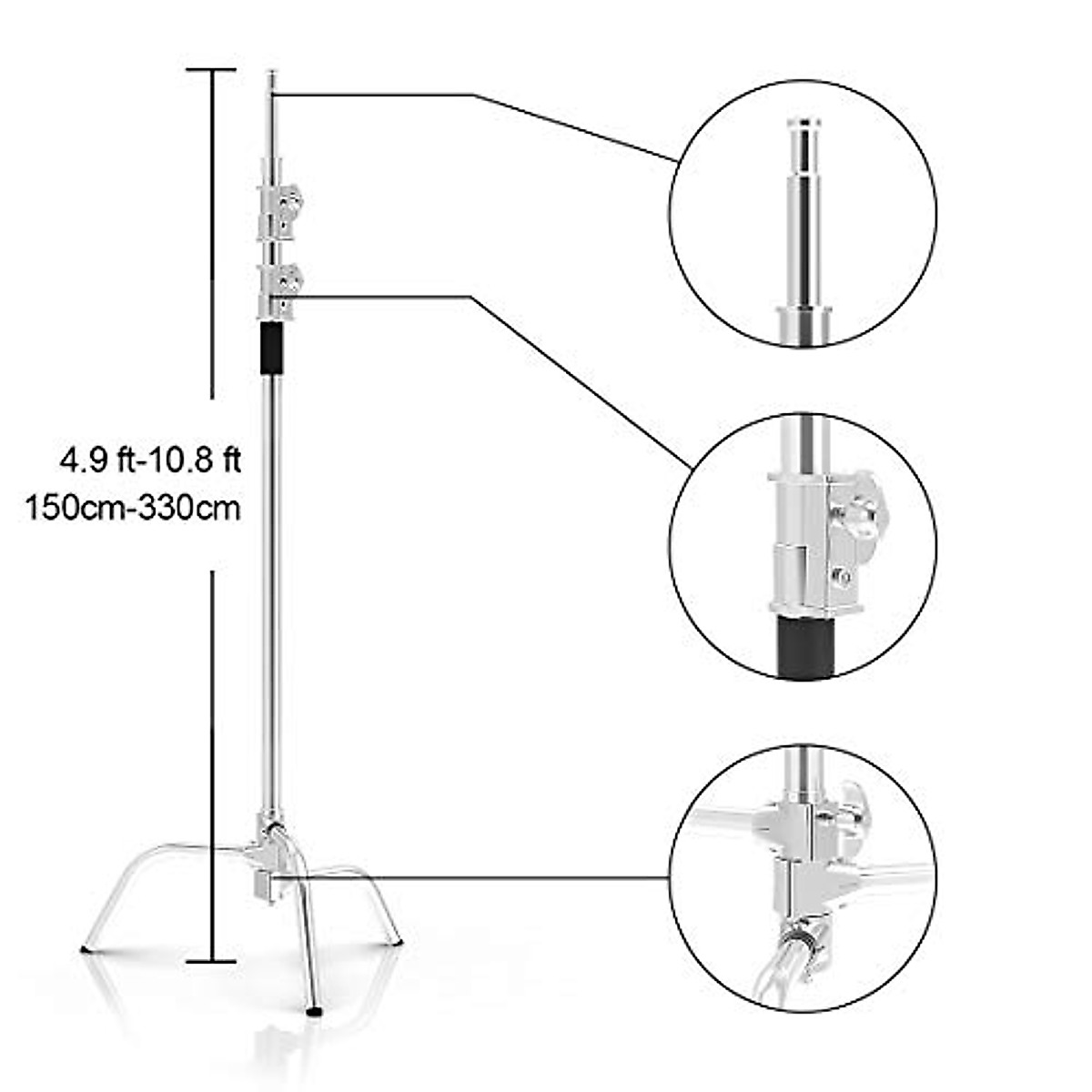 Photo Studio Stainless Steel Heavy Duty C Stand with Boom Arm - Max Height 11ft/331cm Photography Light Stand with 4ft/128cm Holding Arm, 2 Grip Head for Studio Monolight, Softbox, Reflector