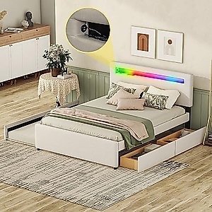 GJHOME Queen Size Upholstered Platform Bed with 2 Storage Drawers and Twin Trundle, LED Lights and USB Charging, Linen Queen Bed Frame with Headboard and Wood Slat Support,Beige