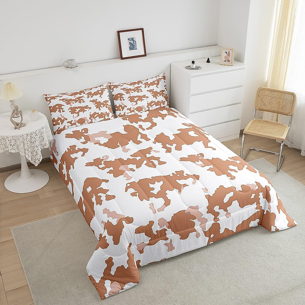 Erosebridal Ochre Yellow Cowhide Bedding Set Farm Animals Quilt,Bull Cattle Longhorn Cow Print Comforter Set Farmhouse Western Animal Skin Duvet Insert Full,Wild Animal Room Decor for Teen Girls
