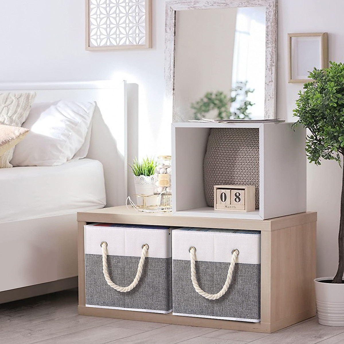 Yawinhe Foldable Storage Basket 1-Pack, Large Fabric Storage Bins with Rope Handle, Used for Organizing Shelves, Closets, Clothes Storage Box, 12.99''Lx9.05''Wx7.87''H, White/Grey