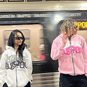 Amiblvowa Womens Men Star Designer Graphic Puff Print Hoodies Long Sleeve Zip Up Aesthetic Harajuku Jacket Sweater Y2k Streetwear Pink