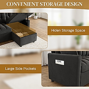 Wrofly 2 in 1 Convertible L-Shaped Sectional Sofa with Pullout Bed, 70.8" Velvet Sleeper Sofa with Reversible Storage Chaise, Modern Pull Out Couch for Living Room Bedroom Small Space, Black