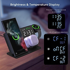 Wireless Charging Station, BRIMFORD 4 in 1 Fast Charging Station with Digital Alarm Clock for Samsung Galaxy S23 Ultra/S22/S21, Wireless Charger for Galaxy Watch 5/5 Pro/4/Galaxy Buds (Black)