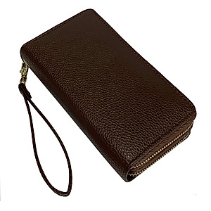 Double Zipper Wristlet Wallet Long Zip Around Clutch Travel Purse for for Cards, Cash, Checkbook, Passport (Grain-Brown 01)