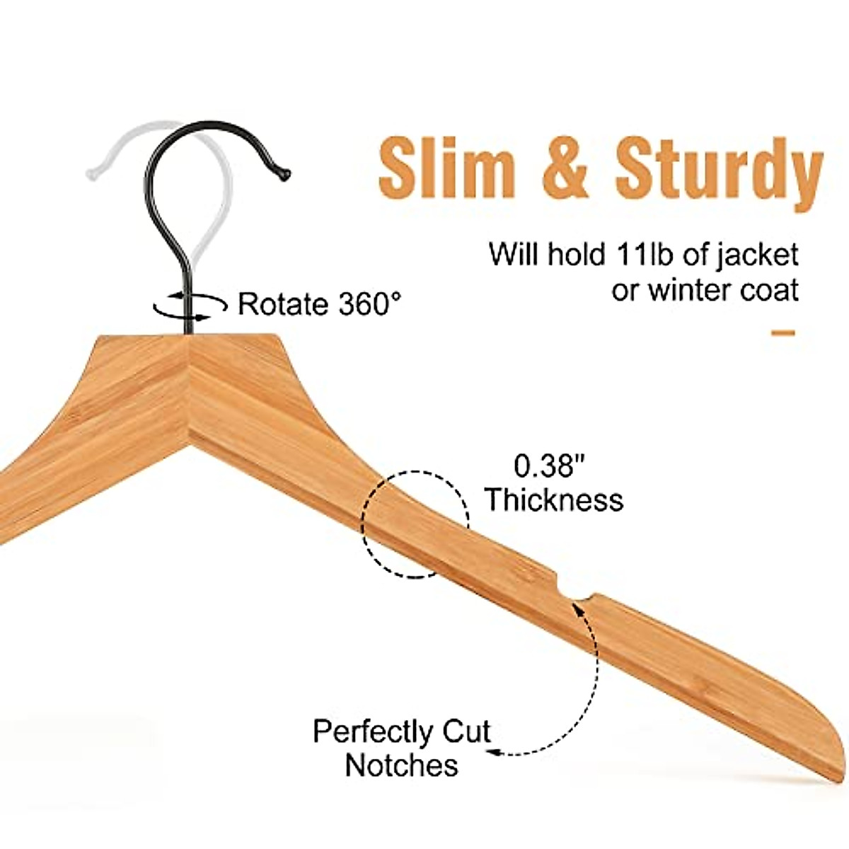 TOPIA HANGER Bamboo Wooden Hangers, Clothes Hangers with Rotatable Black Hook and Smooth Cut Nothces, Set of 12 Durable and Slim Wood Hangers for Coats, Suits, Jackets, Sweaters, Dresses - CTS03