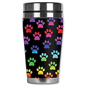 Mugzie Paw Prints Travel Mug with Insulated Wetsuit Cover, 16 oz, Black