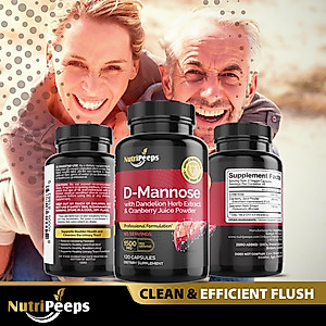 NutriPeeps D-Mannose 1500mg, 120 Capsules with Dandelion Herb and Cranberry Extracts, Natural Urinary Tract Cleanse for UTI Support, Flushing and Detoxing of Impurities, for Men and Women.