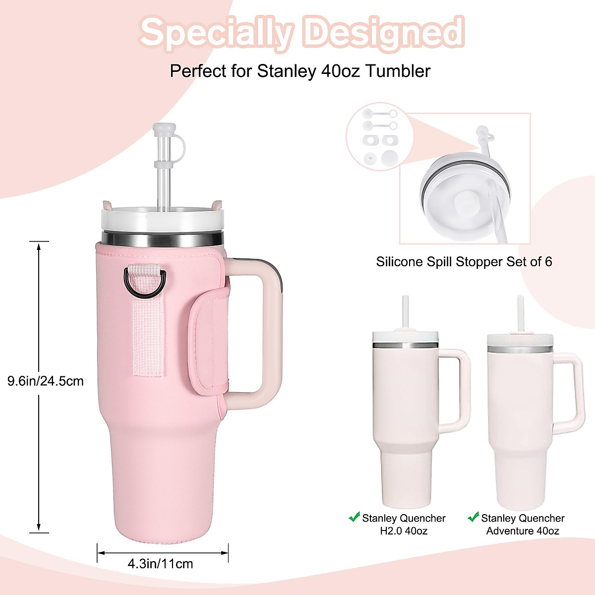 NEECZS Water Bottle Carrier Bag for Stanley 40 oz Tumbler with Handle,Neoprene Water Bottle Holder Pouch with Strap&Spill Stopper for Stanley Cup Accessories,Bottle Sling for Walking Hiking Camping