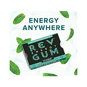 Rev Gum Caffeine Energy Gum | Performance Energy 60mg of Caffeine per Gem | Spearmint Sugar Free Caffeinated Mint Chewing Gum - Low Calorie Chews to Help You Stay Alert, Awake and Focused - 12 Packs (72 Count)