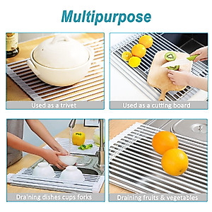 ZOIMINU White Roll Up Dish Rack, Over Sink Dish Drying Rack, Heat-Resistant Anti-Slip Stainless Steel Dish Drainer with Silicone-Coated for Cups Fruits Vegetables - 20.5" x 13.1"