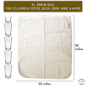 (XL 22in x 26in) Organic Cotton Brew In A Bag - Designed in CA - Reusable Home Brewing Strainer Bag with EasyOpen Drawstring to Boil and Strain Hops, Apple Cider, Commercial Cold Brew Coffee Filter