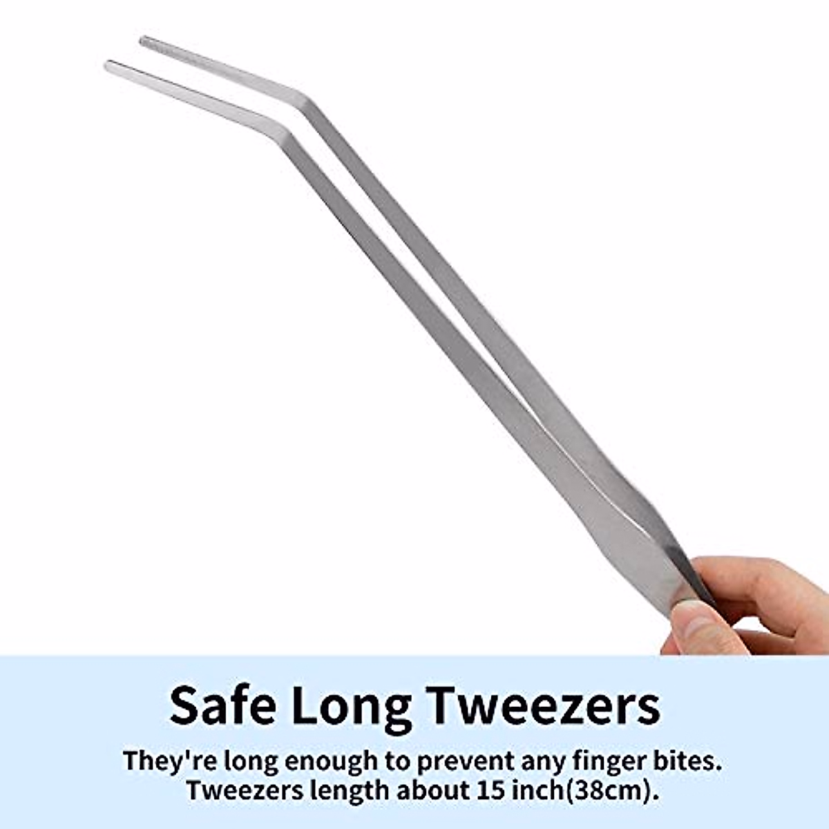 2-Pack 15 inch Heavy Duty Stainless Steel Long Tweezers, Curved and Straight Design with Anti-slip Grasp Tips Large Tongs for Reptiles Feeding, Aquascape Maintenance
