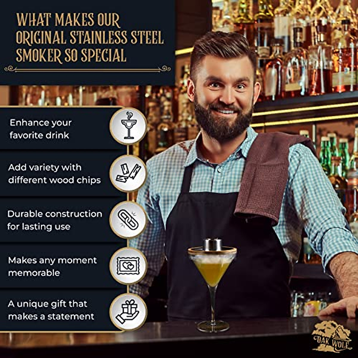 Oak Wolf Whiskey Smoker Kit With 4 Flavors of Wood Chips for Old Fashioned Cocktail Smoker - Stainless Steel Bourbon Smoker Kit Also Includes a Strainer & Brush - Bourbon & Whiskey Enthusiasts