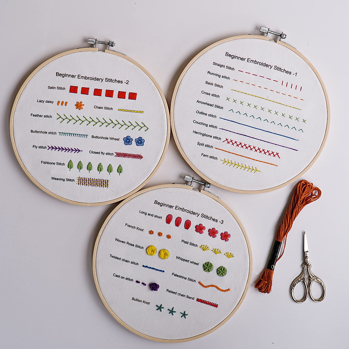 Beginners Embroidery Stitch Practice kit, 3 Sets Embroidery Kit to Learn 30 Different Stitches for Craft Lover Hand Stitch with Embroidery Fabric with Embroidery Skill Techniques