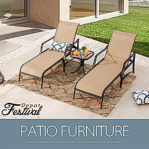 Festival Depot 3 Pc Patio Bistro Outdoor Chaise Lounge Chair Set Textilene Furniture Metal Adjustable Back Curved Armrest with Glass Desktop Coffee Side Table for Porch Yard Garden (Beige)