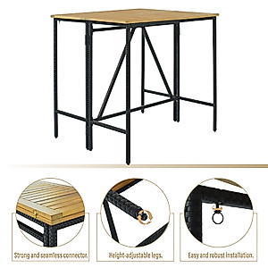 5-Piece Steel Outdoor Patio Wicker Bar Set, Garden PE Rattan Wicker Dining Table, Foldable Tabletop, Acacia Wood Tabletop with 4 Stools and 1 Wood Table. (Brown Wood + Black Wicker#1)