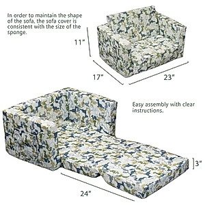 Truwelby Kids Sofa, Children's 2 in 1 Convertible Sofa to Lounger - Extra Soft Flip Open Chair & Sleeper, Cute Dinosaur Print Toddler Chair Kids Couch for Kids Girls Boys