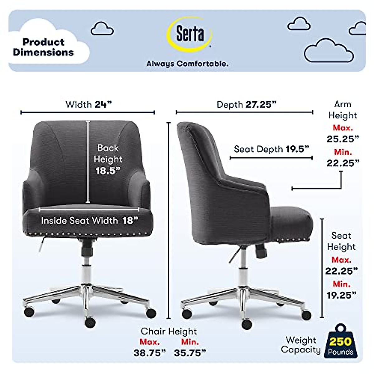 Serta Leighton Home Office Memory Foam, Height-Adjustable Desk Accent Chair with Chrome-Finished Stainless-Steel Base, 27.25D x 24W x 35.75H in, Dark Gray