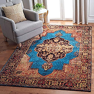 SAFAVIEH Vintage Hamadan Collection 6'7" x 9' Gold / Light Blue VTH219D Oriental Traditional Persian Non-Shedding Living Room Bedroom Dining Home Office Area Rug