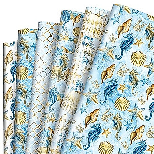 AnyDesign 12 Sheet Sea Animals Wrapping Paper Watercolor Seahorse Coral Gift Wrap Paper Bulk Folded Flat Ocean Art Paper for Wedding Birthday Party Baby Shower DIY Gift Wrapping, 19.7x27.6 Inch