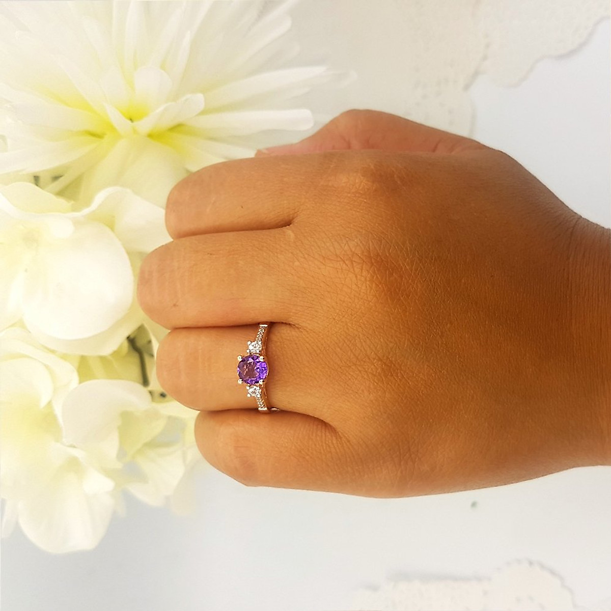 Dazzlingrock Collection 6 MM Round Amethyst,White Sapphire & Diamond Engagement Ring in 10K Rose Gold, Size 7