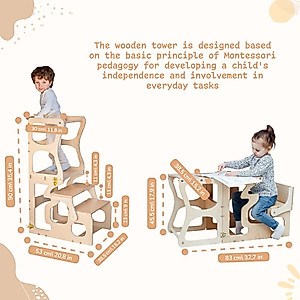 WoodandHearts Montessori Step Stool for toddlers - 2 in 1 Multifunctional Learning Tower - Kitchen Standing Helper (with shapes cutouts)