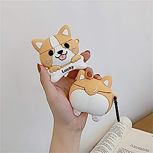 Coralogo for Airpods 1/2 Cute Case, 3D Cartoon Animal Character Soft Silicone Airpod Skin Dog Funny Fun Cool Keychain Design Accessories Cover Air pods Cases for Kids Teens Girls Boys (Lucky Corgi PP)